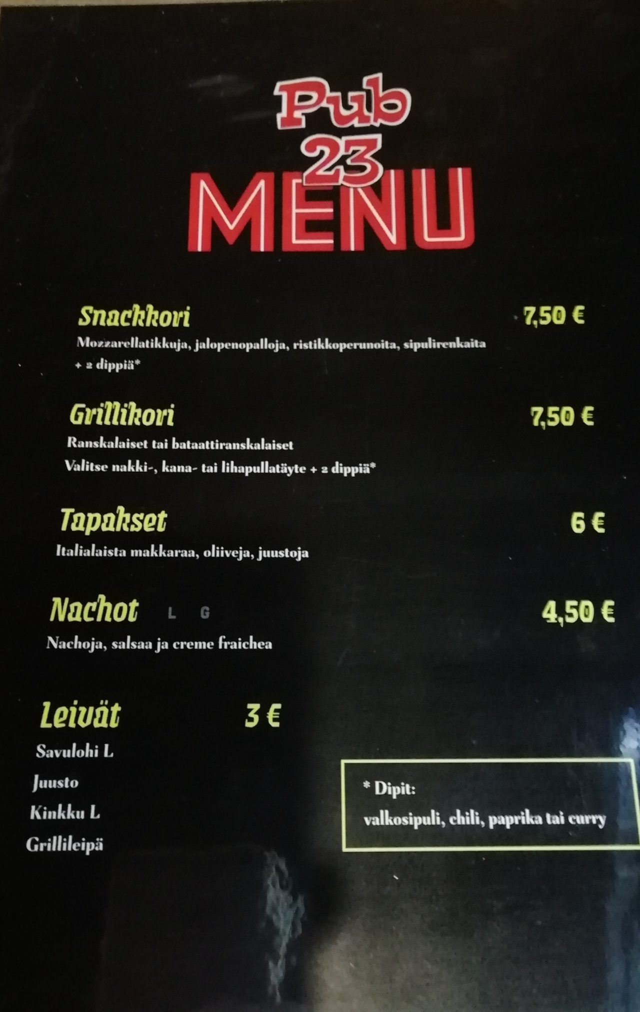 Menu – Pub 23
